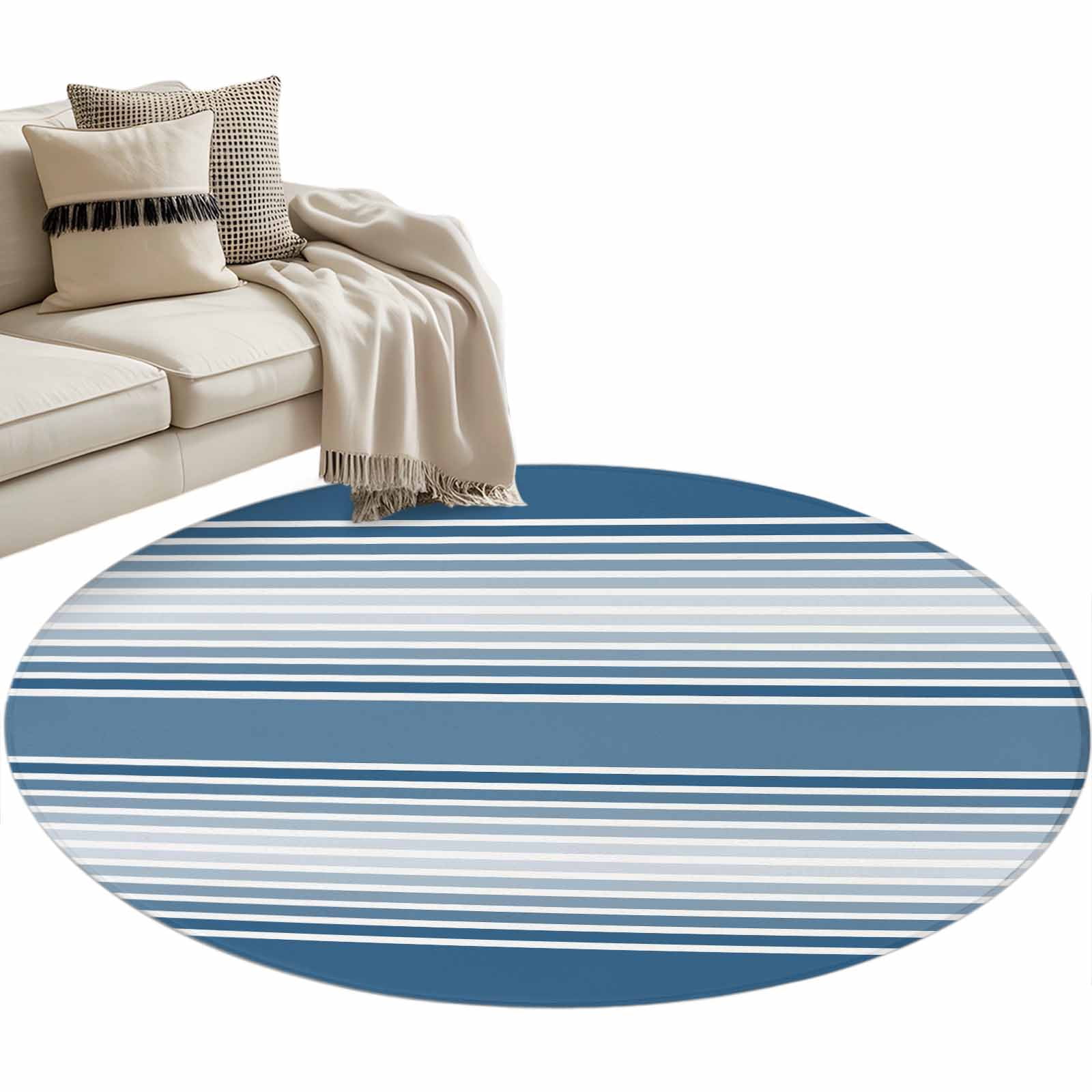 Blue Striped Round Living Room Rugs 3.3 ft, Modern Farmhouse Stripe ...