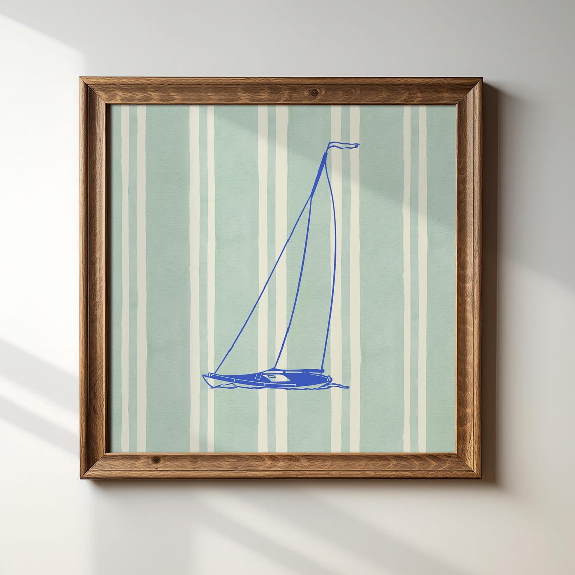 Blue Striped Sail Boat Square Print, Trendy Decor, Minimalist, Living Room Art, Cottage, Kitchen ...