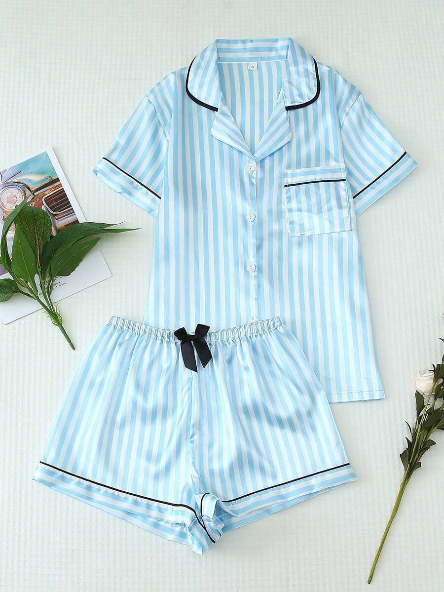 Blue Striped Satin-Trimmed Collared Short Sleeve Top And Bow-Waist ...