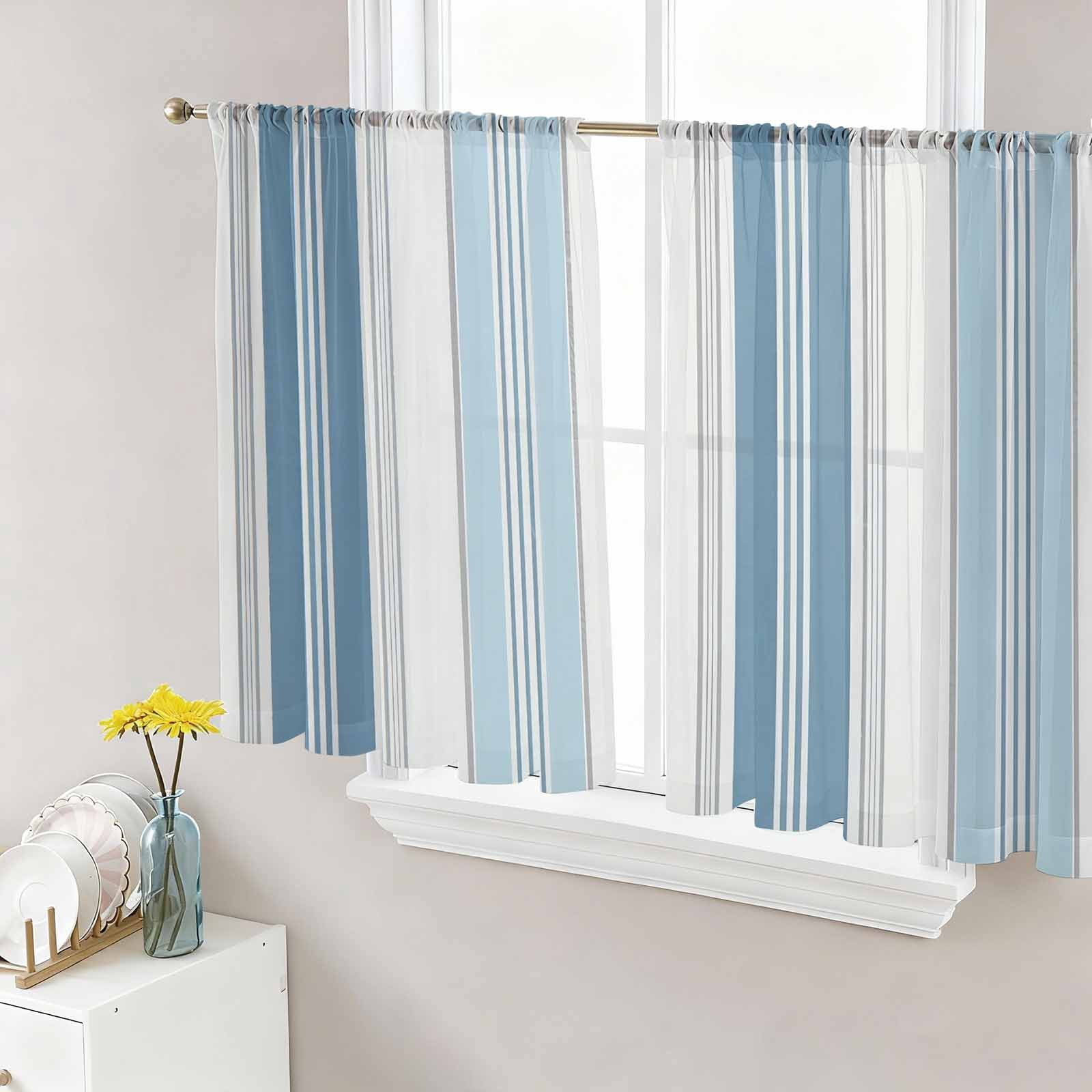 Blue Striped Semi Sheer Curtains 45 Inch Length 2 Panels Set, Modern ...