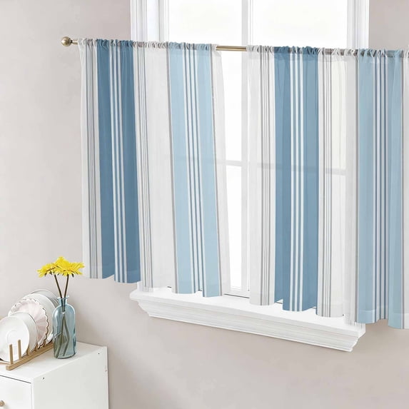 Blue Striped Semi Sheer Curtains 45 Inch Length 2 Panels Set, Modern ...