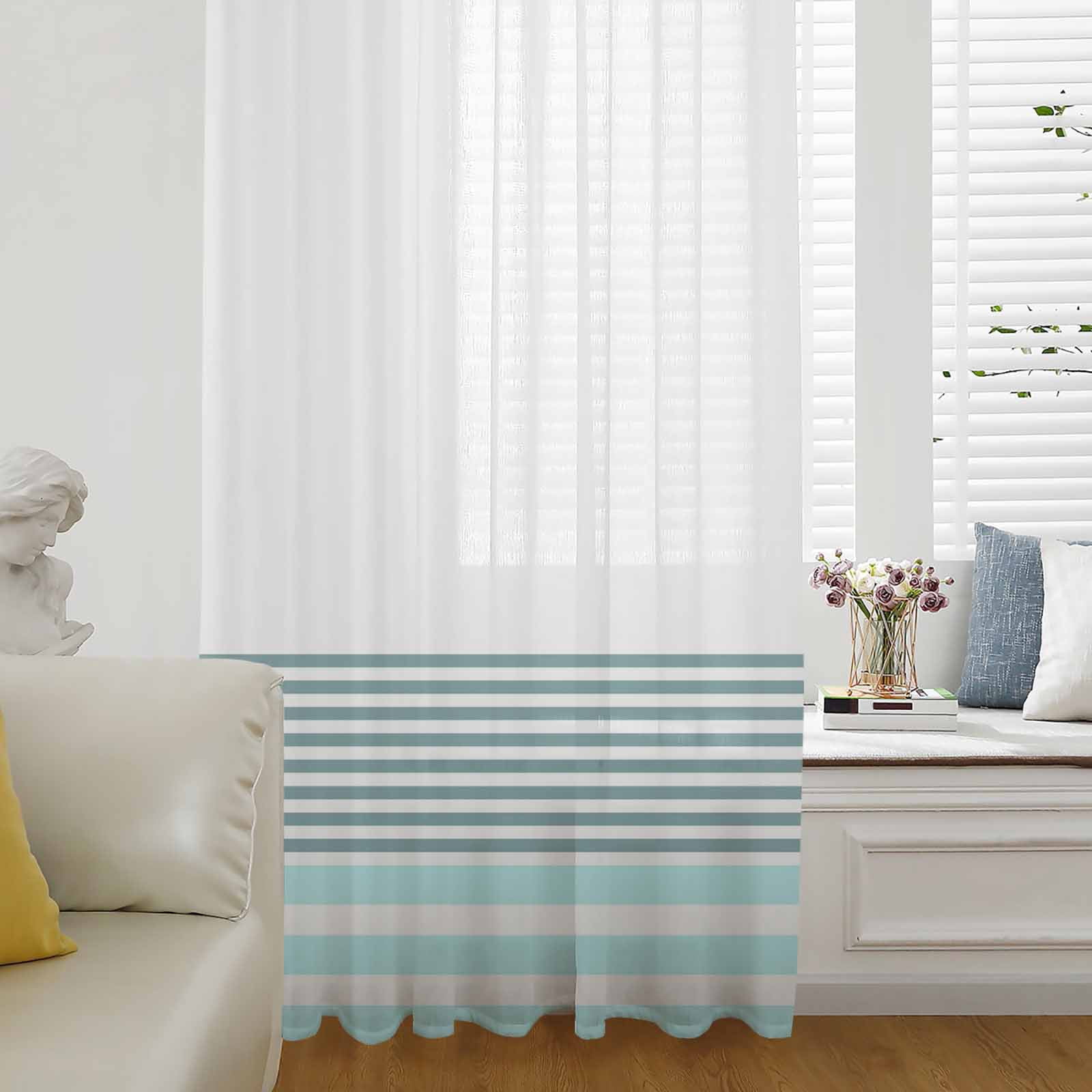 Blue Striped Semi Sheer Curtains Drapes for Living Room, Bedroom ...