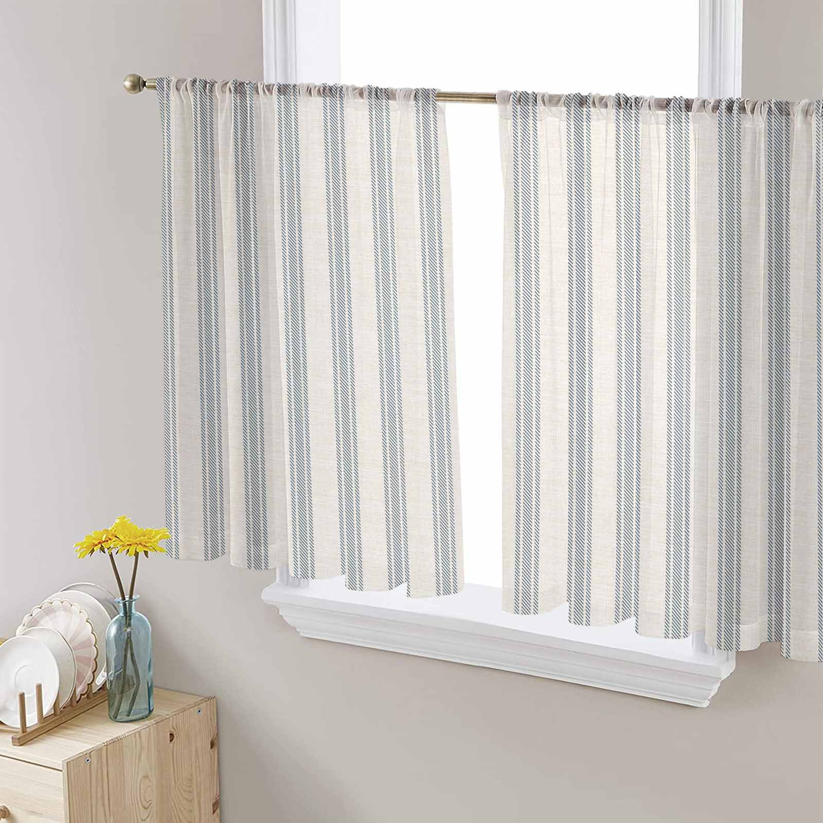 Blue Striped Sheer Curtains 45 Inch Length 2 Panels Set for Living Room ...
