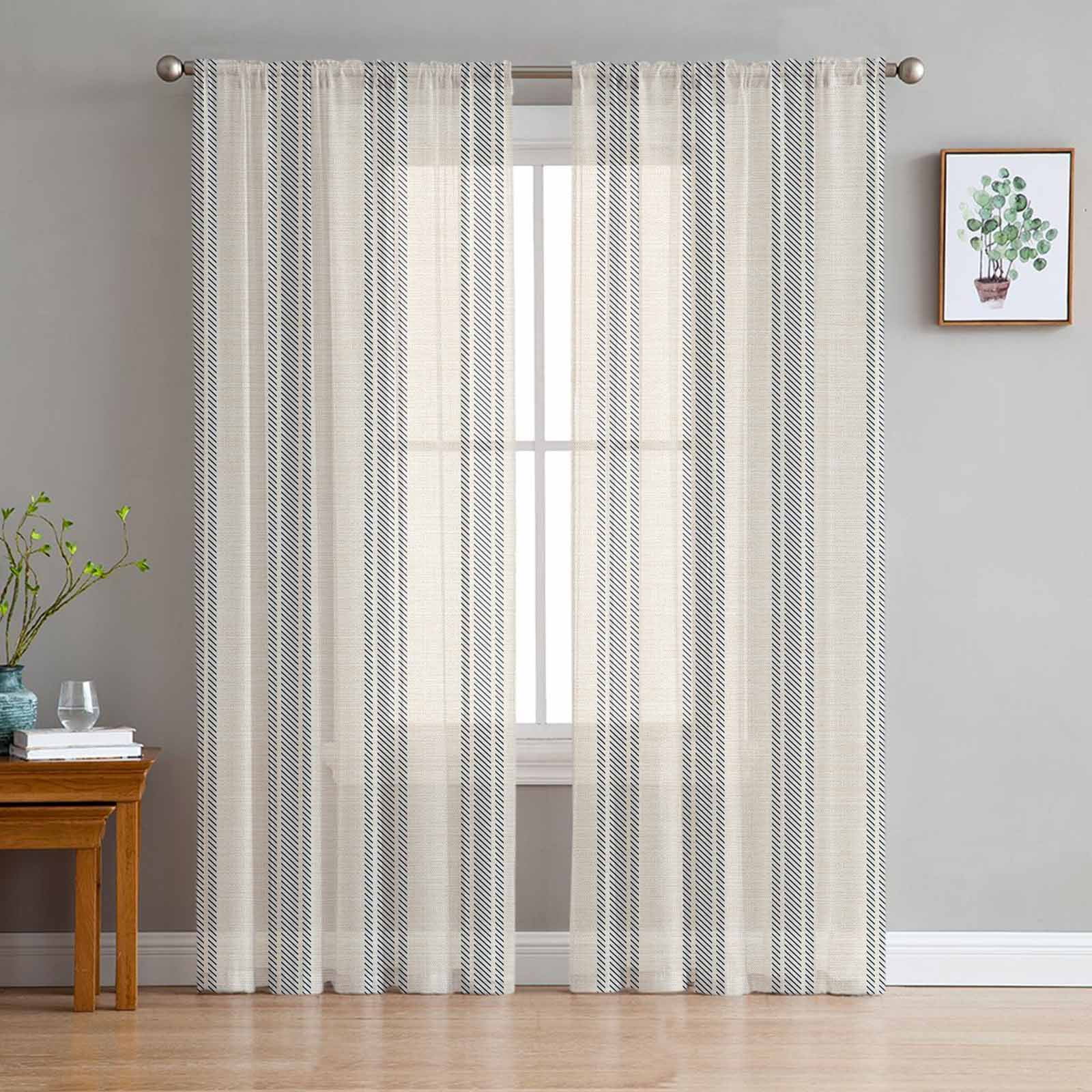 Blue Striped Sheer Curtains 63 Inch Length 2 Panels Set for Living Room ...