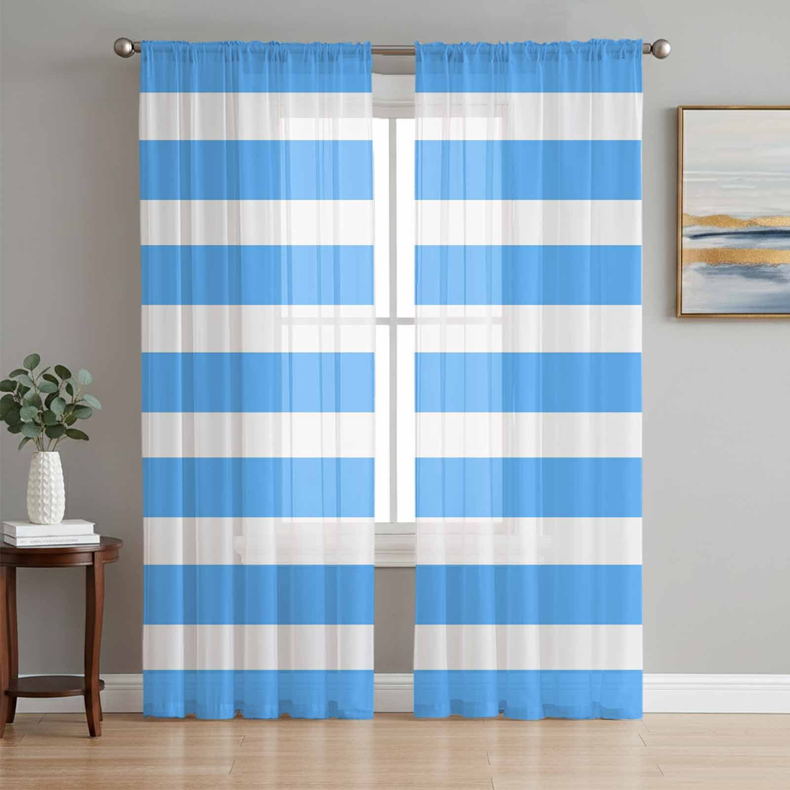 Blue Striped Sheer Curtains 63 Inch Length 2 Panels Set, Modern Simple ...