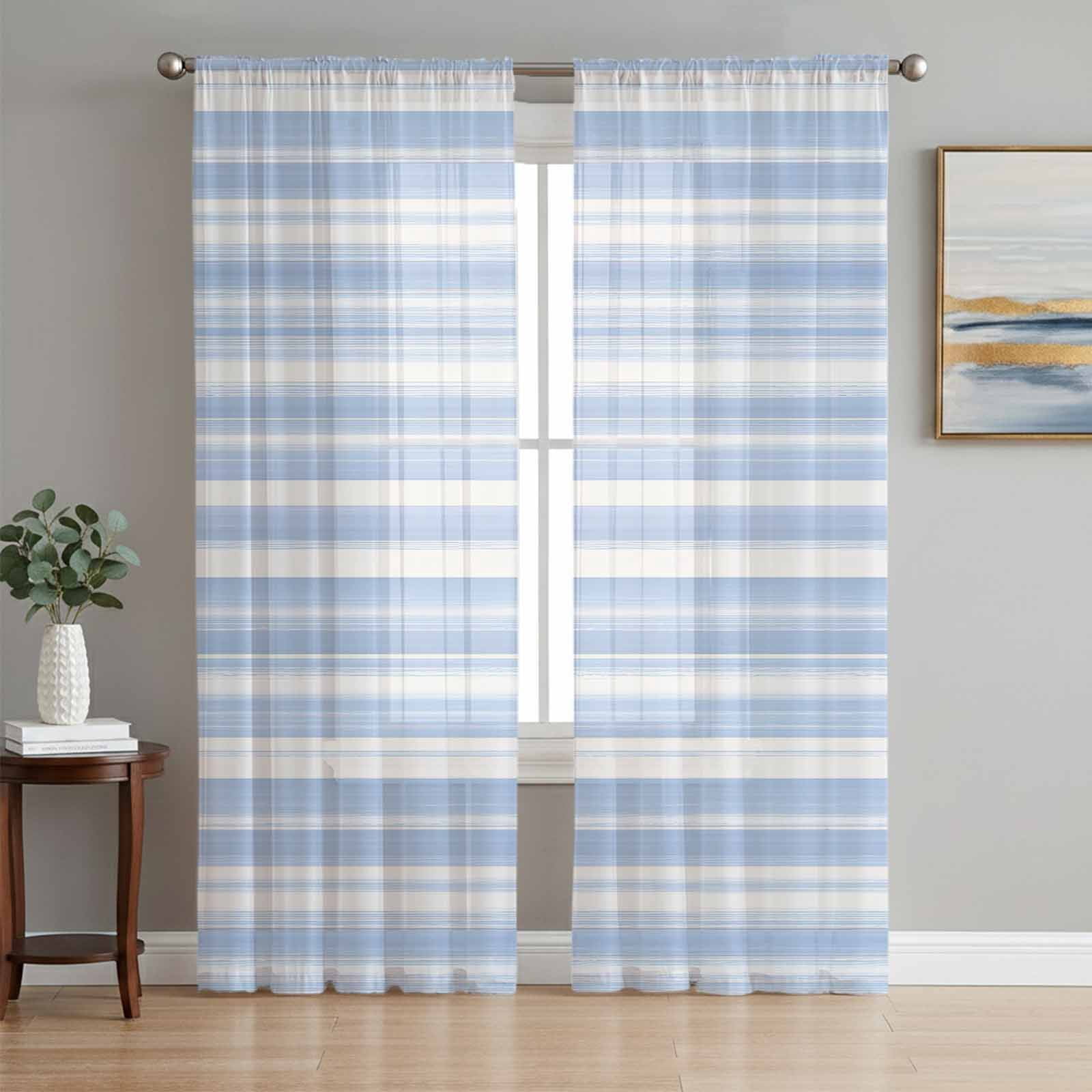 Blue Striped Sheer Curtains 72 Inch Length 2 Panels Set, Farmhouse ...