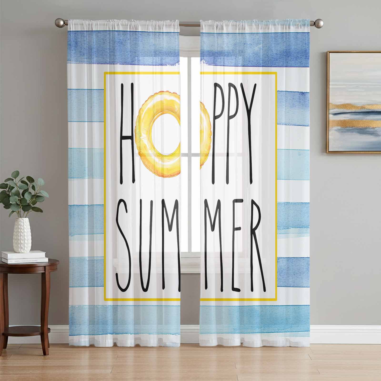 Blue Striped Sheer Curtains 84 Inch Length 2 Panels Set, Summer Beach ...
