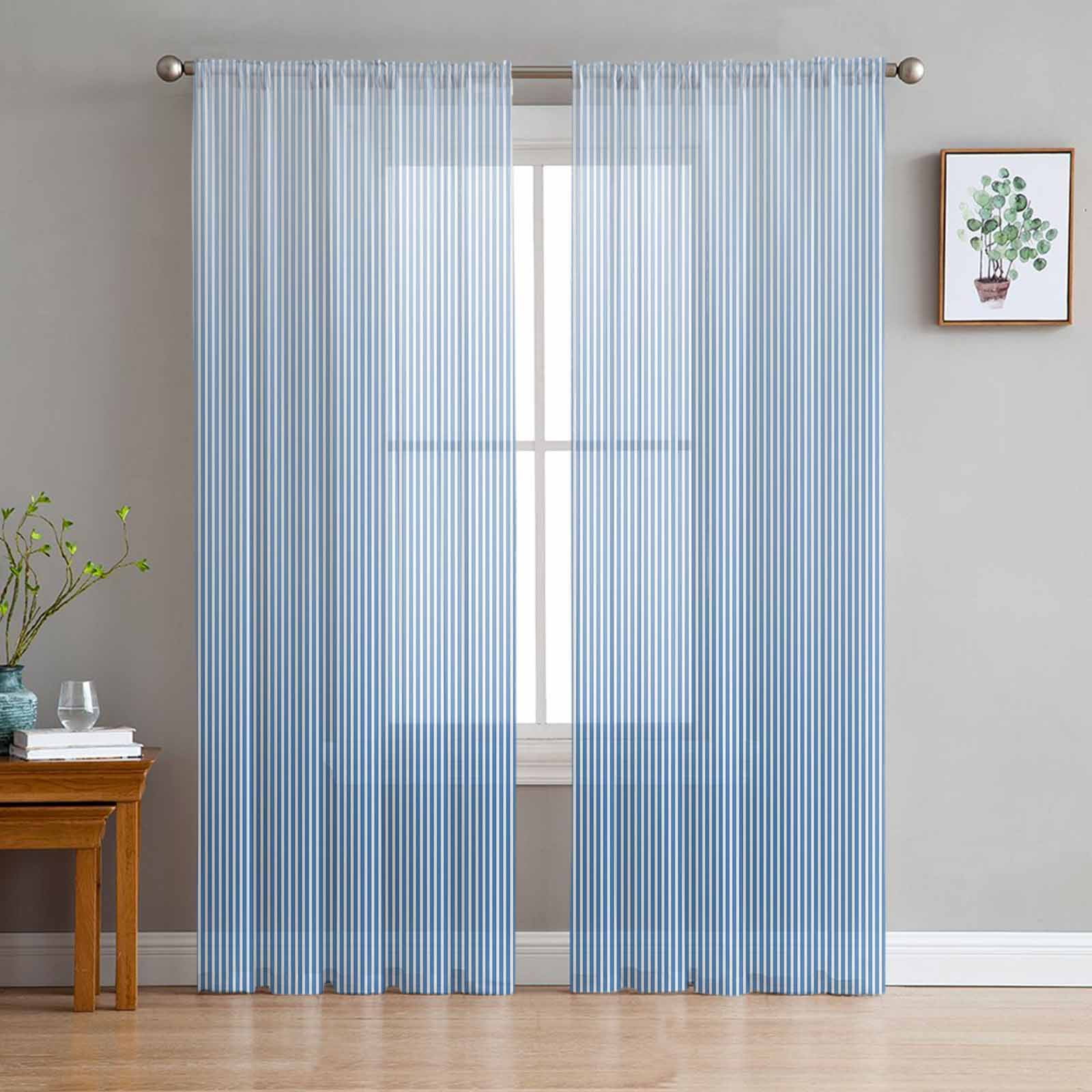 Blue Striped Sheer Curtains 84 Inches Long 2 Panels Set, Window Sheer ...