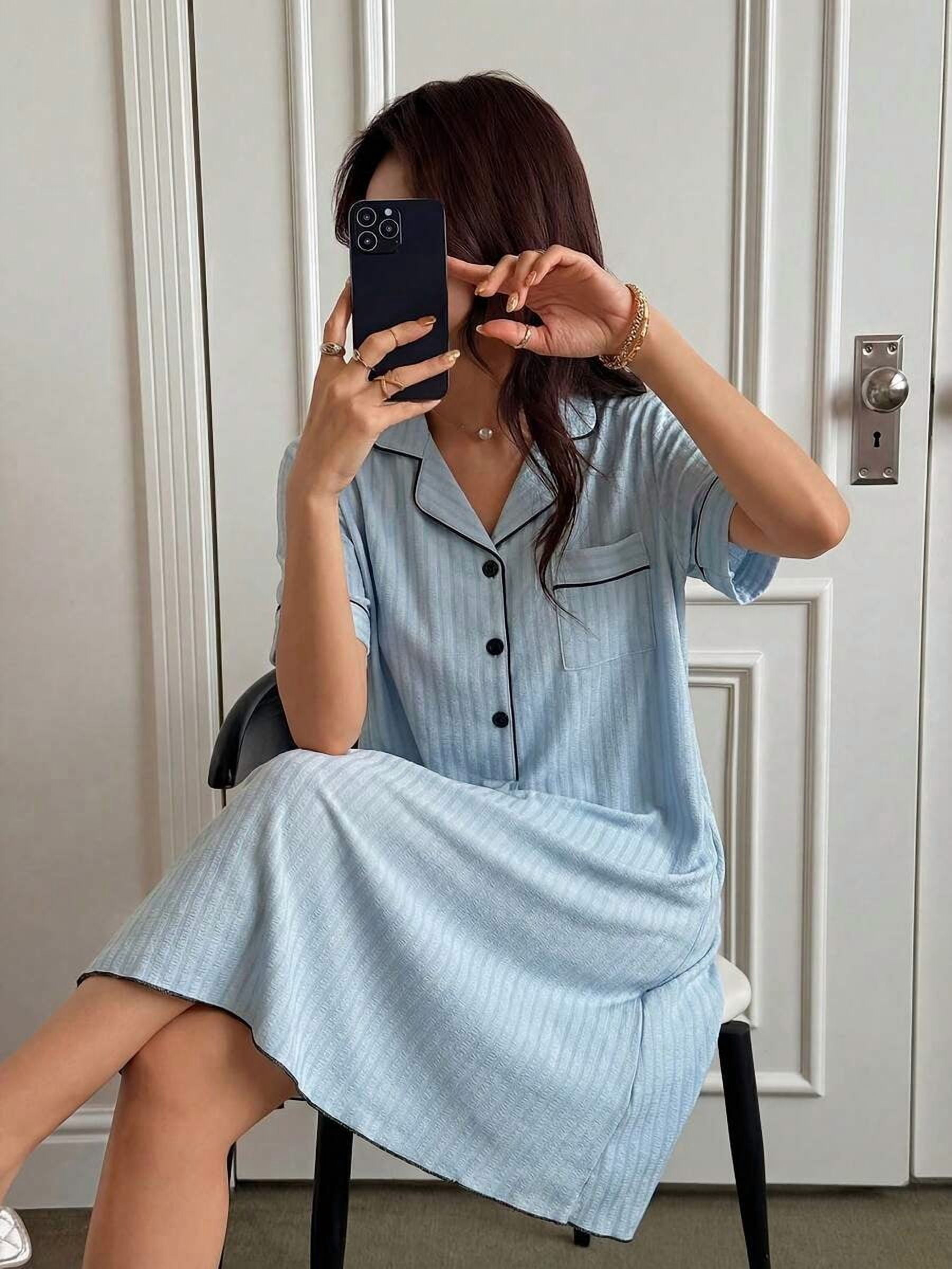 Blue Striped Short Sleeve Collared Nightgown With Pocket, Womens Knee ...