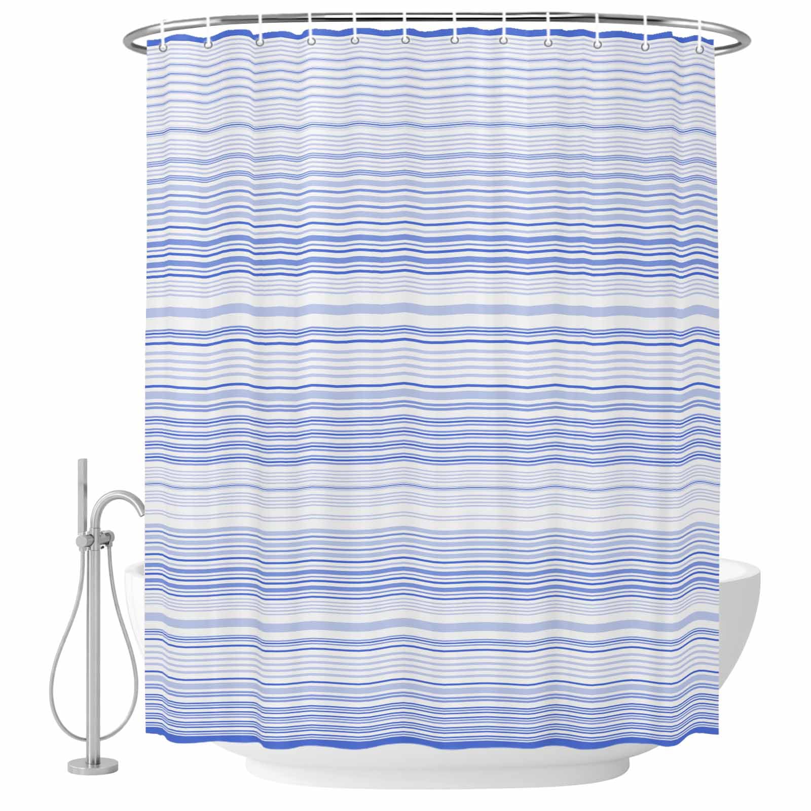 Blue Striped Shower Curtain Set with Hooks, Nature Abstract Art Water ...