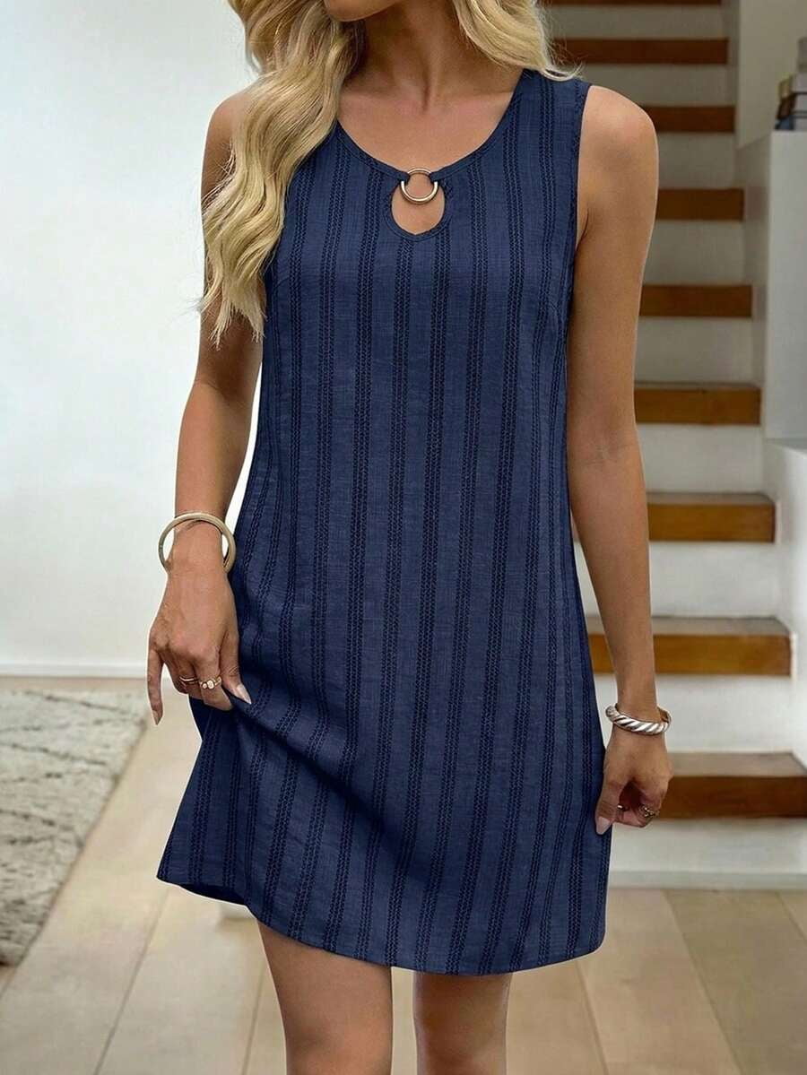 Blue Striped Sleeveless A-Line Mini Dress With Keyhole Neck For Women ...