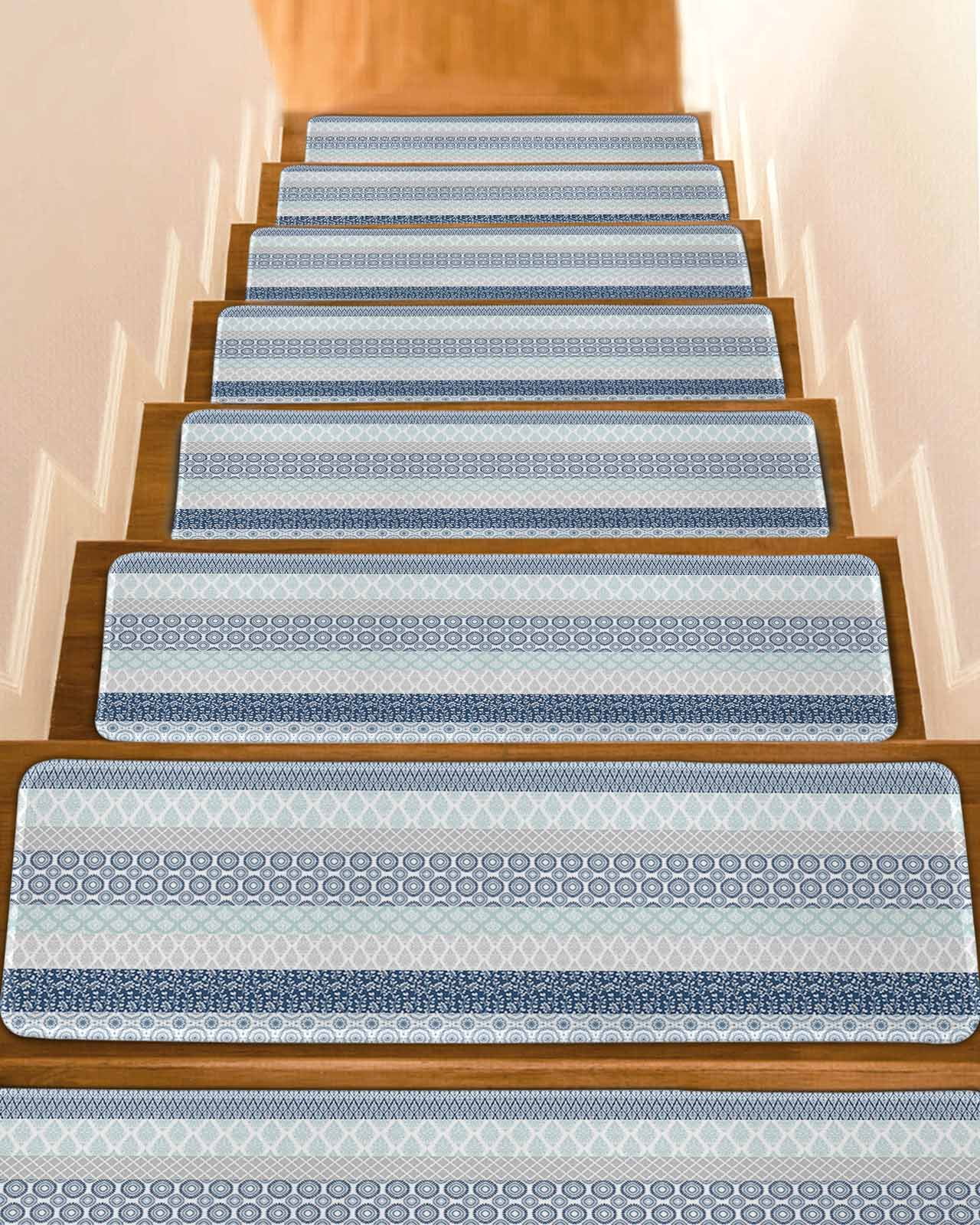 Blue Striped Stair Treads for Wooden Steps Indoor Runner Rug Carpet ...