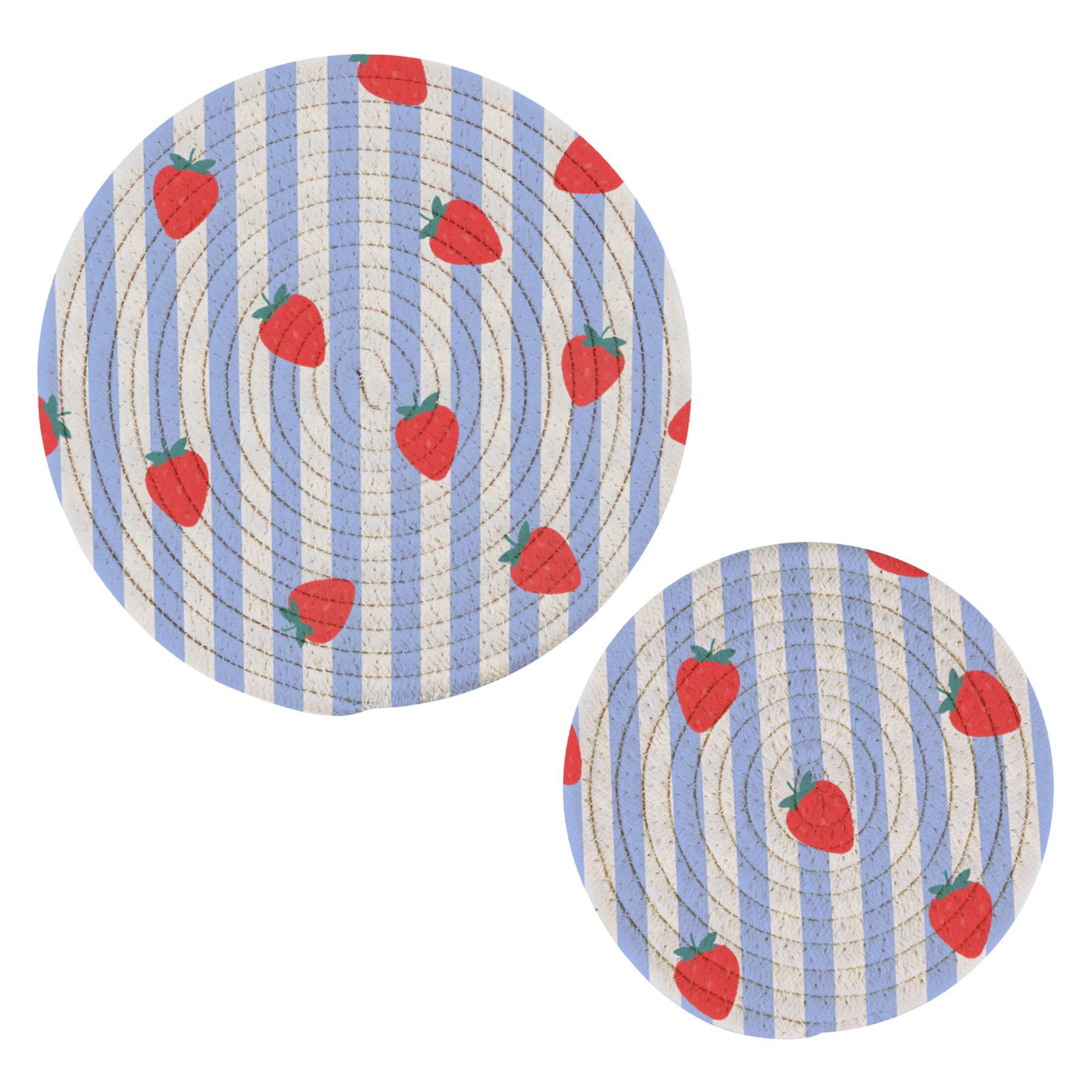 Blue Striped Strawberry Pattern Cotton Trivets Potholders Set of 2 ...