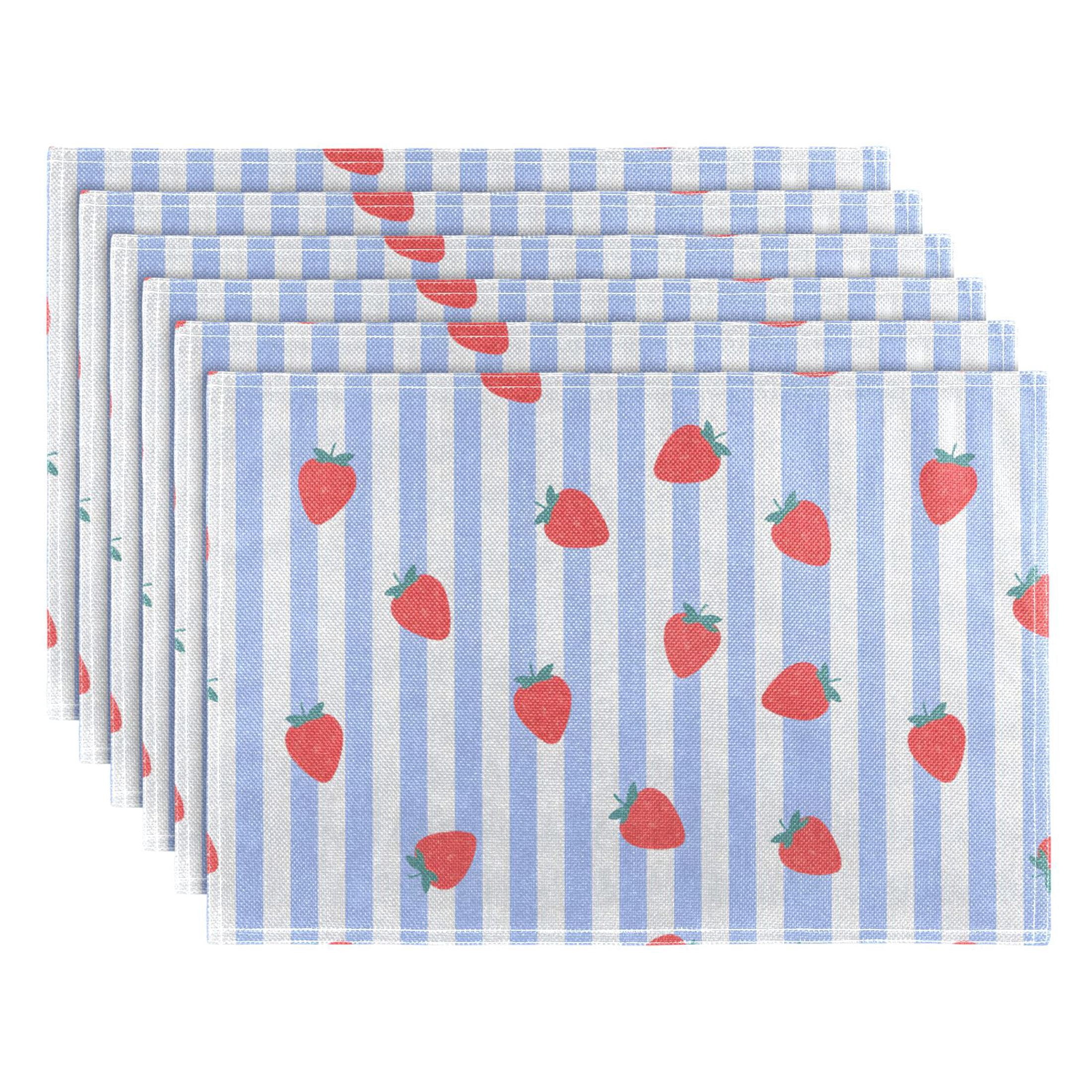 Blue Striped Strawberry Pattern Placemats Set of 6 18x12in Reversible ...