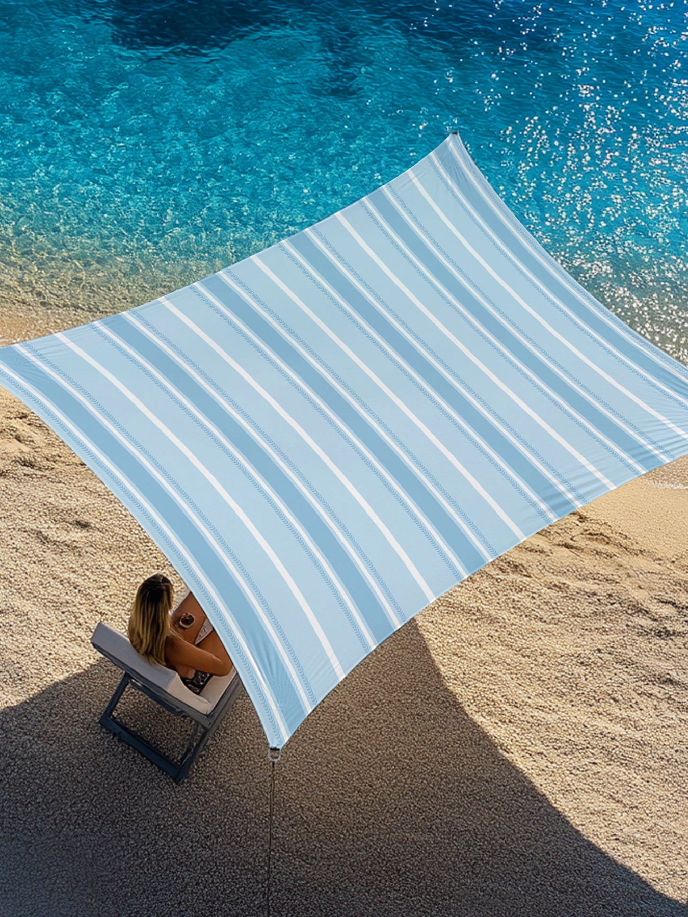 Blue Striped Sun Shade Sail 12' x 16', Boho Light Blue White Stripes ...