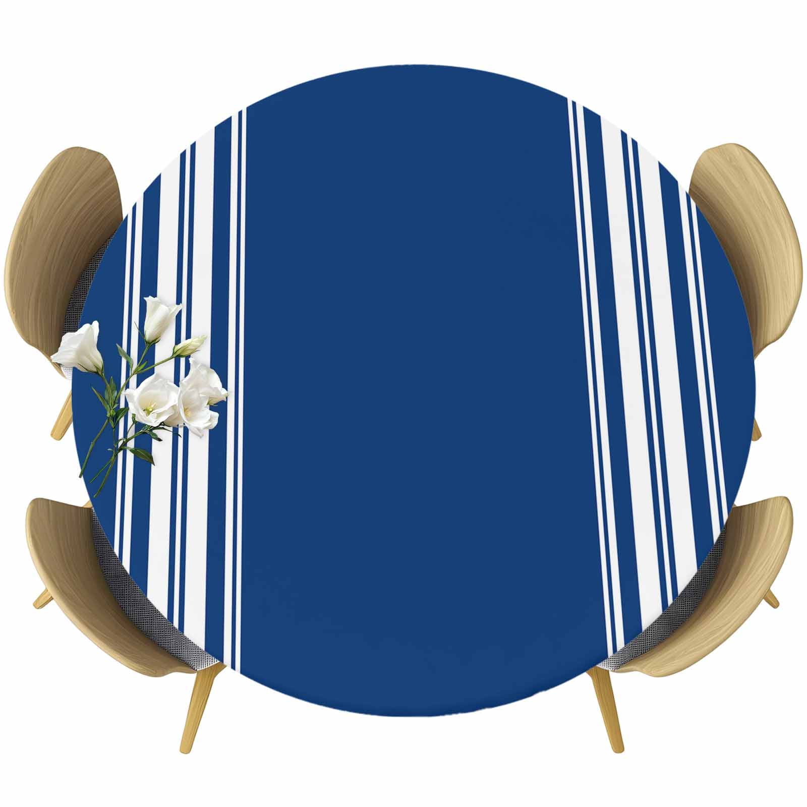 Blue Striped Table Cloth, Round Fitted Tablecloths with Elastic Edge ...