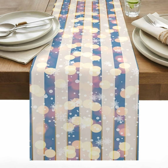 Blue Striped Table Runner 13x60 inch Snowflake Dots Cotton Linen Dining ...