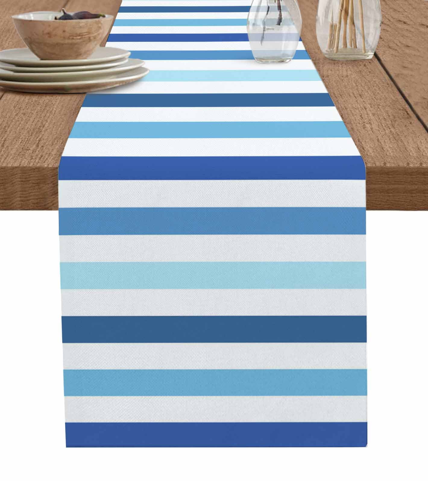 Blue Striped Table Runner 90 Inches, Navy Ombre Sky White Geometric ...