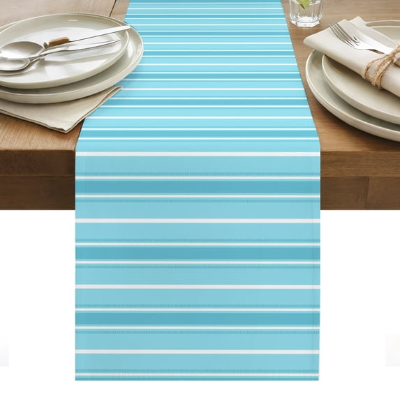 Blue Striped Table Runner, Boho Teal Blue White Stripes Coastal Grandma ...