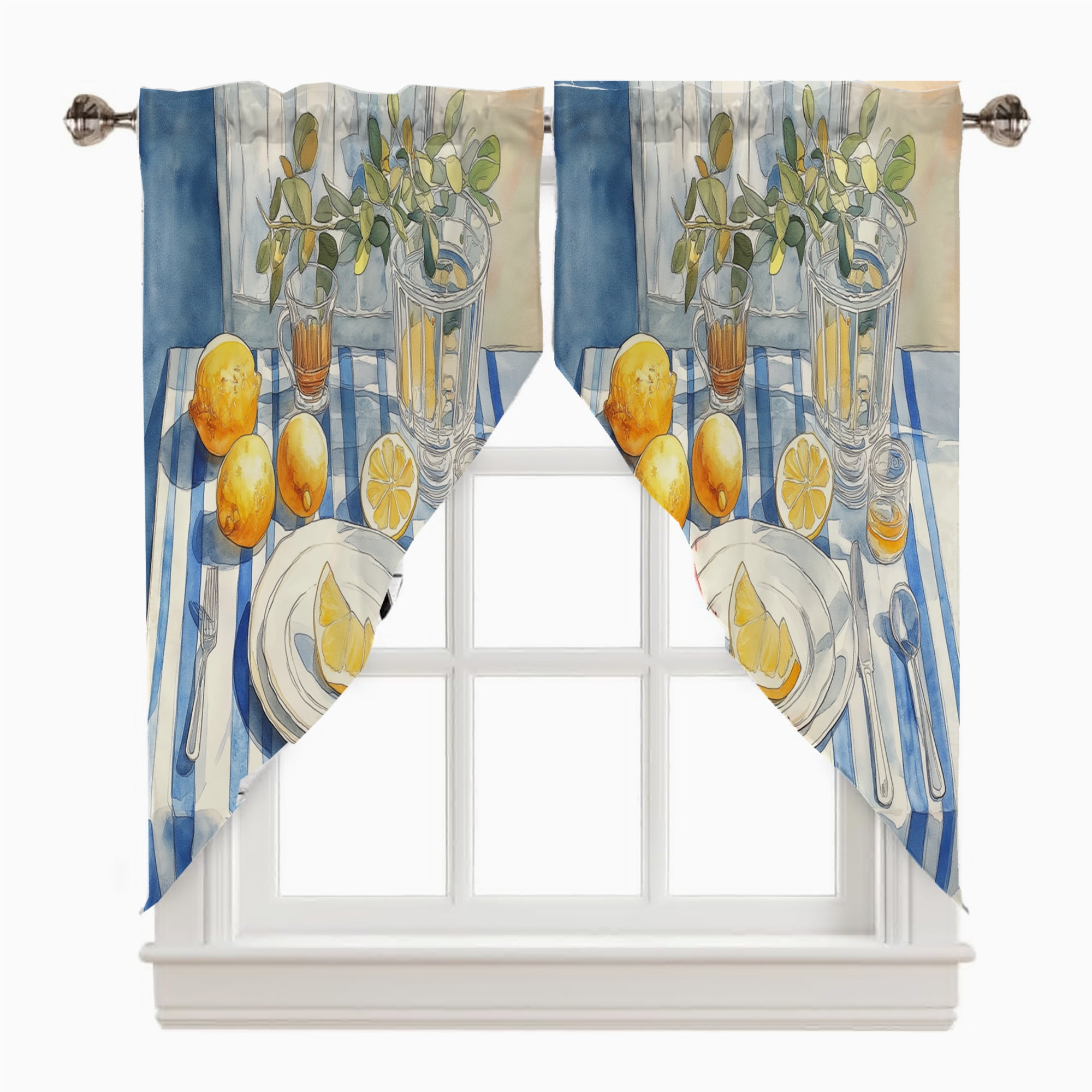 Blue Striped Table Setting with Lemons Swag Valance Curtains Rod Pocket ...