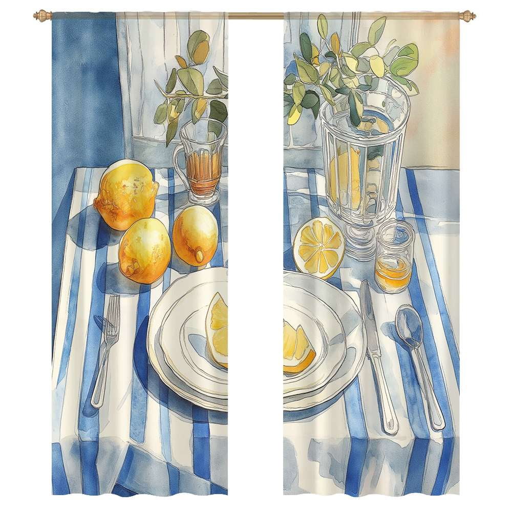 Blue Striped Table Setting With Lemons Sheer Window Curtains for Living ...