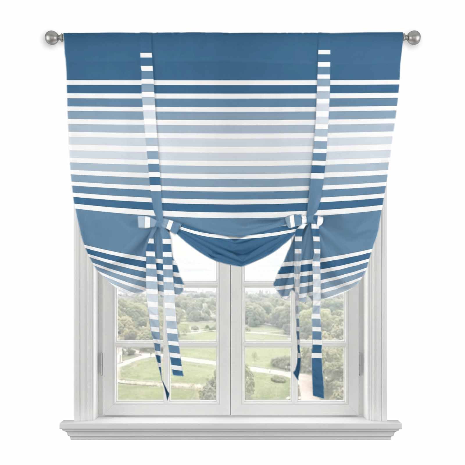 Blue Striped Tie Up Curtains for Kitchen Windows,Adjustable Rod Pocket ...