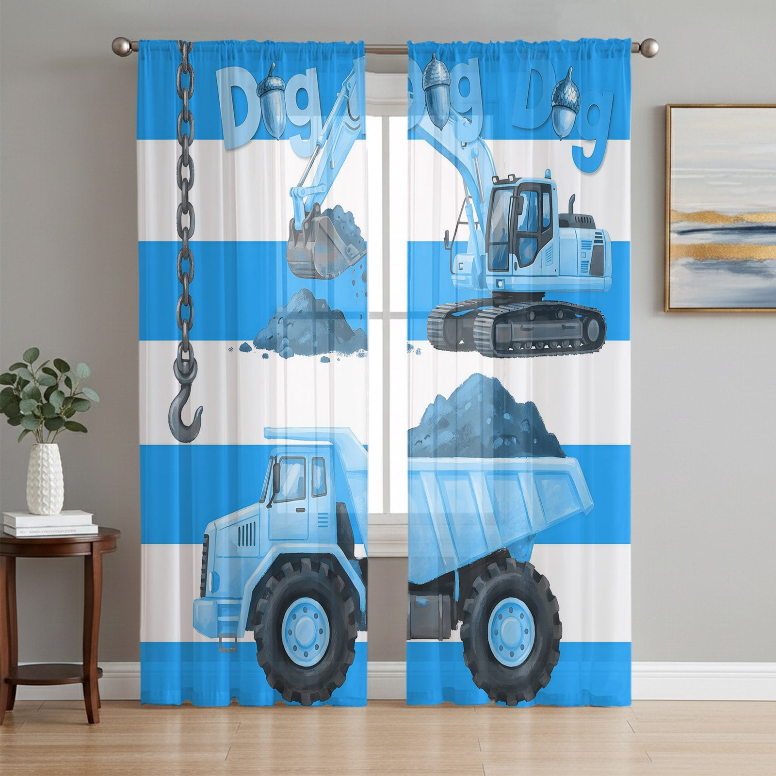 Blue Striped Truck Sheer Curtains for Living Room Bedroom Farmhouse ...