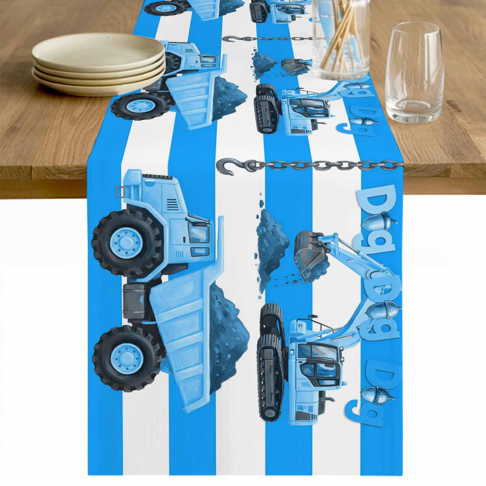 Blue Striped Truck Table Runner - 120 Inch Long Farmhouse Stripes ...