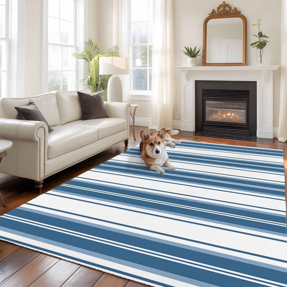 Blue Striped Washable Area Rug 8x10 Vertical Stripe Modern Minimalist ...