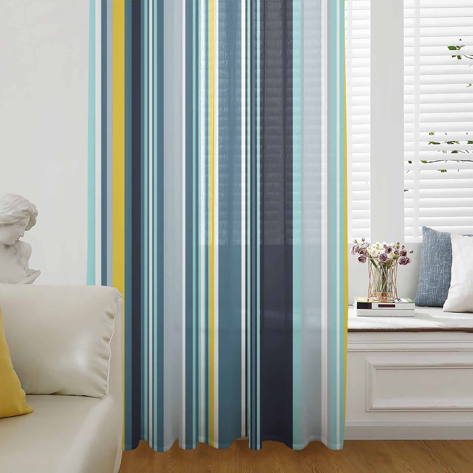 Blue Striped Window Curtain 63 Inches Long,Ombre Aqua Yellow Farmhouse ...