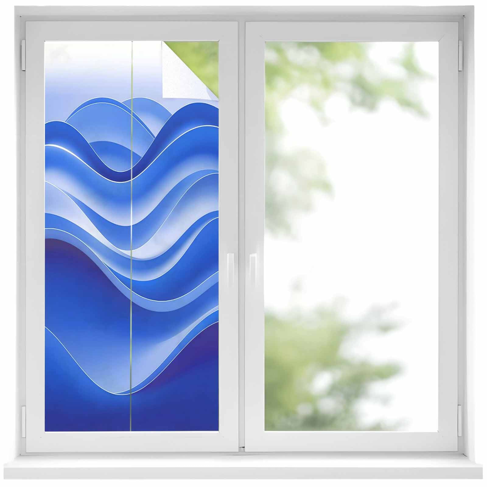 Blue Striped Window Privacy Film, Modern Abstract Art Wave Moire ...