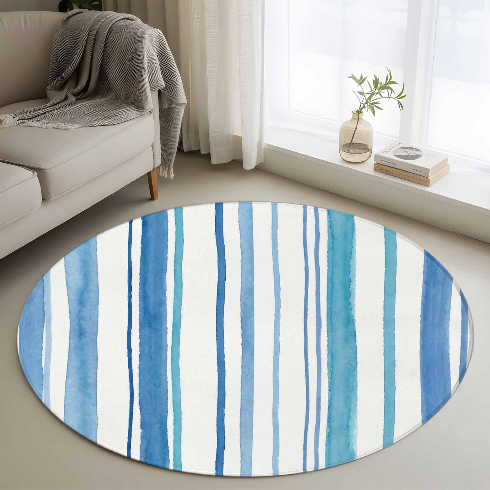 Blue Stripes 3.3' Round Rug for Bedroom Reading Corner, Watercolor ...