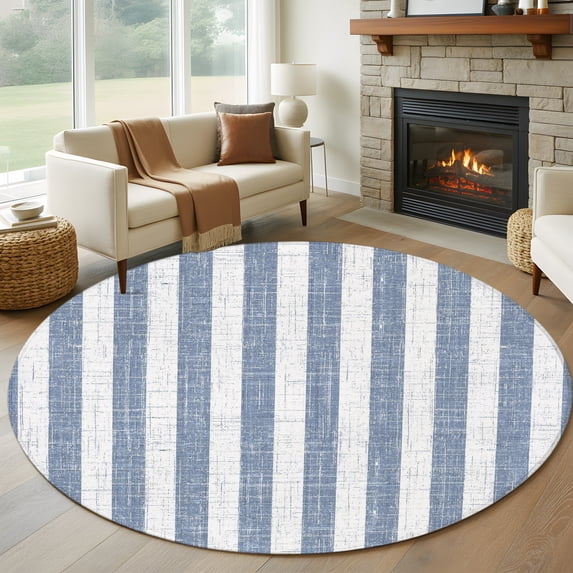 Blue Stripes 8FT Round Area Rugs for Living Room Modern Abstract Linens ...