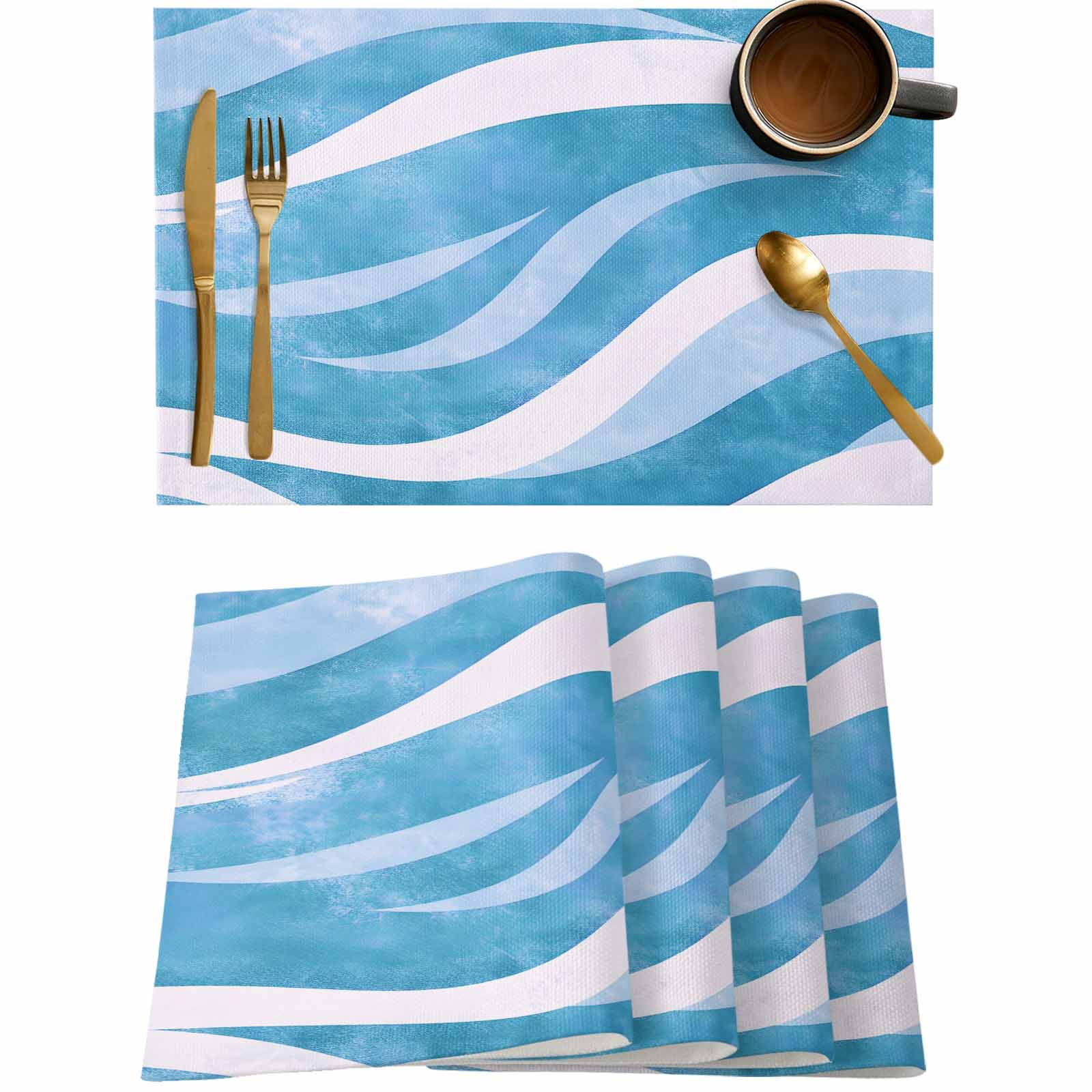 Blue Stripes Abstract Geometric Placemats Set of 4,Wipeable Washable ...