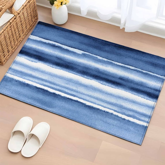 Blue Stripes Bathroom Rug Washable 2x3 Entryway Rug Non Slip Watercolor ...