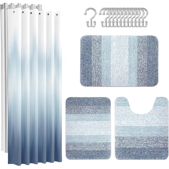 Blue Stripes Bathroom Sets with Shower Curtain and Rugs, Ombre Modern ...
