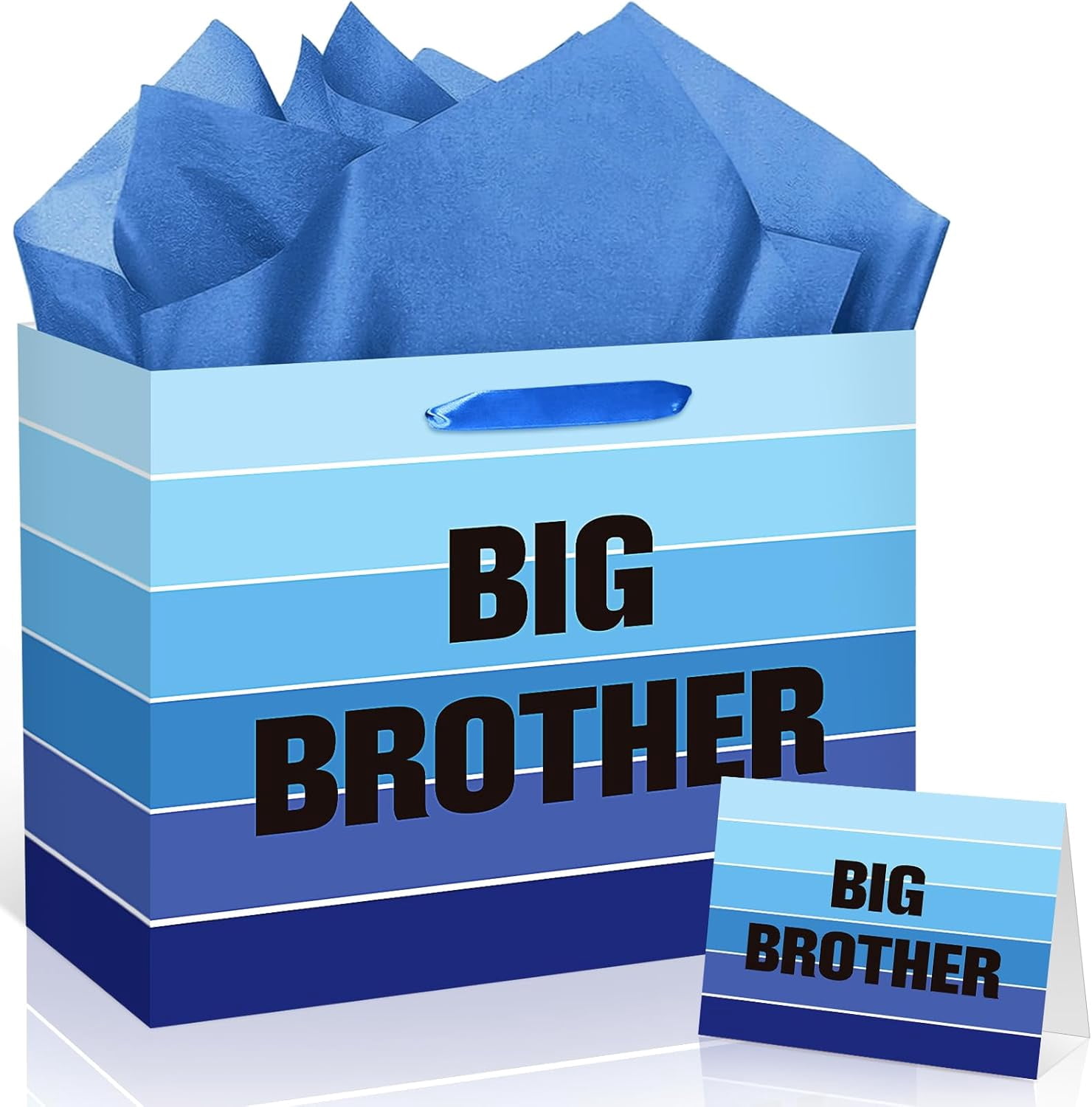 Blue Stripes Big Brother Gift Bag with Dark Blue Tissue Paper and Card ...