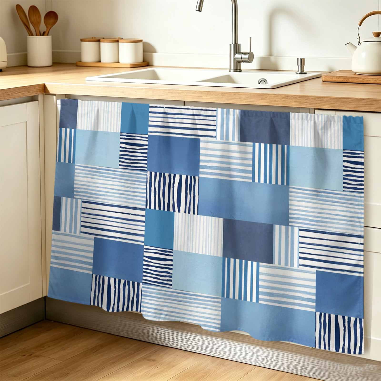 Blue Stripes Blocks Cabinet Curtain, Abstract Coastal Patchwork Ticking ...