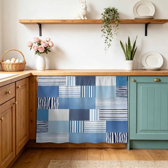 Blue Stripes Blocks Cabinet Curtains 11" W x 13" L, Abstract Coastal ...