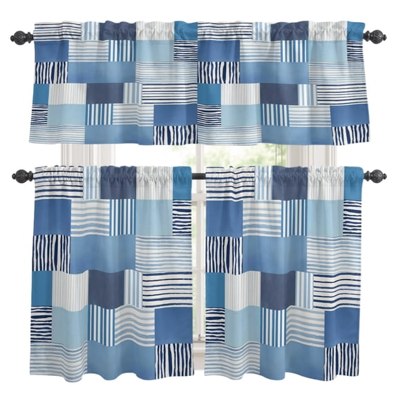 Blue Stripes Blocks Kitchen Curtains Valance and Tier Set Abstract ...