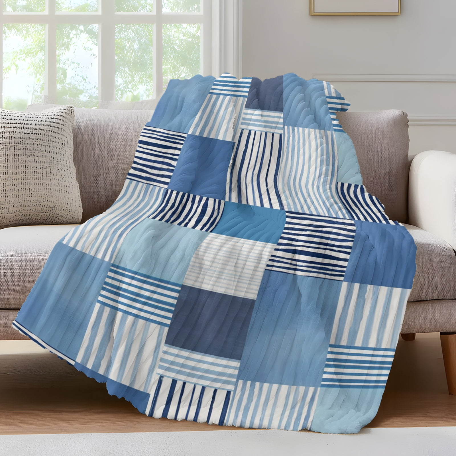 Blue Stripes Blocks Throw Blanket for Couch Abstract Coastal Patchwork ...