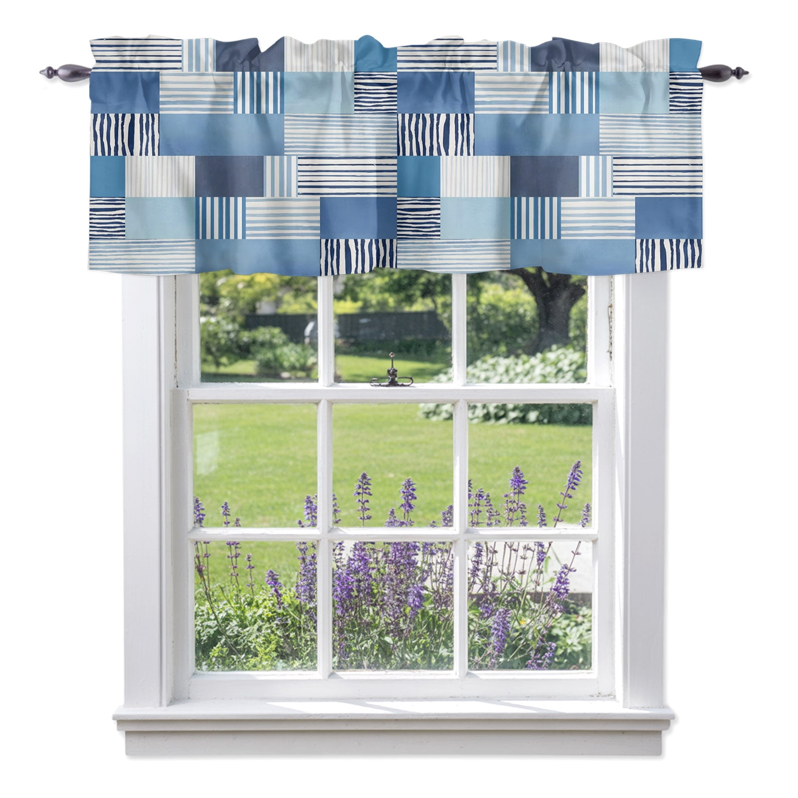 Blue Stripes Blocks Valance Curtains for Windows, Abstract Coastal ...