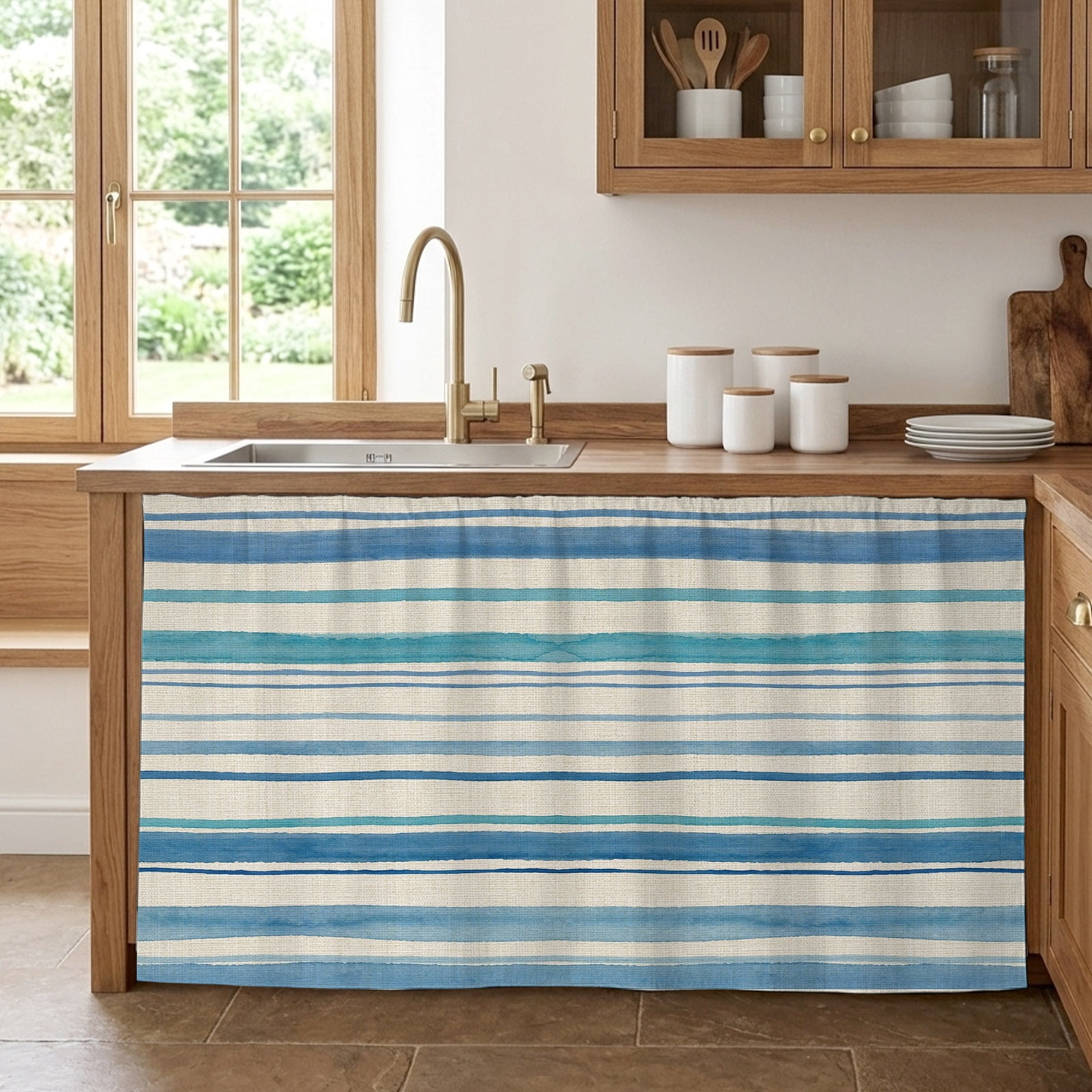 Blue Stripes Cabinet Curtains for Kitchen 28"W x 51"L, Watercolor Ocean ...