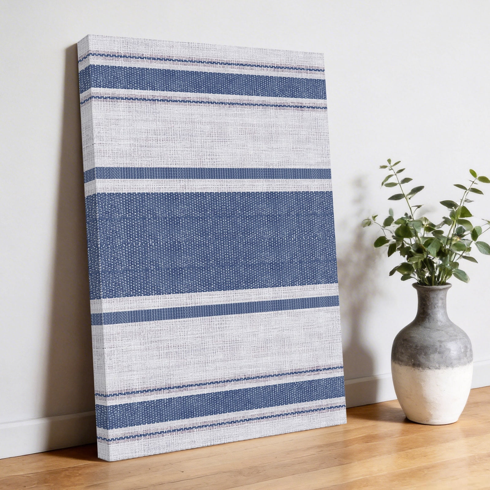 Blue Stripes Canvas Wall Art, Rustic Navy Blue Center Band Linen ...