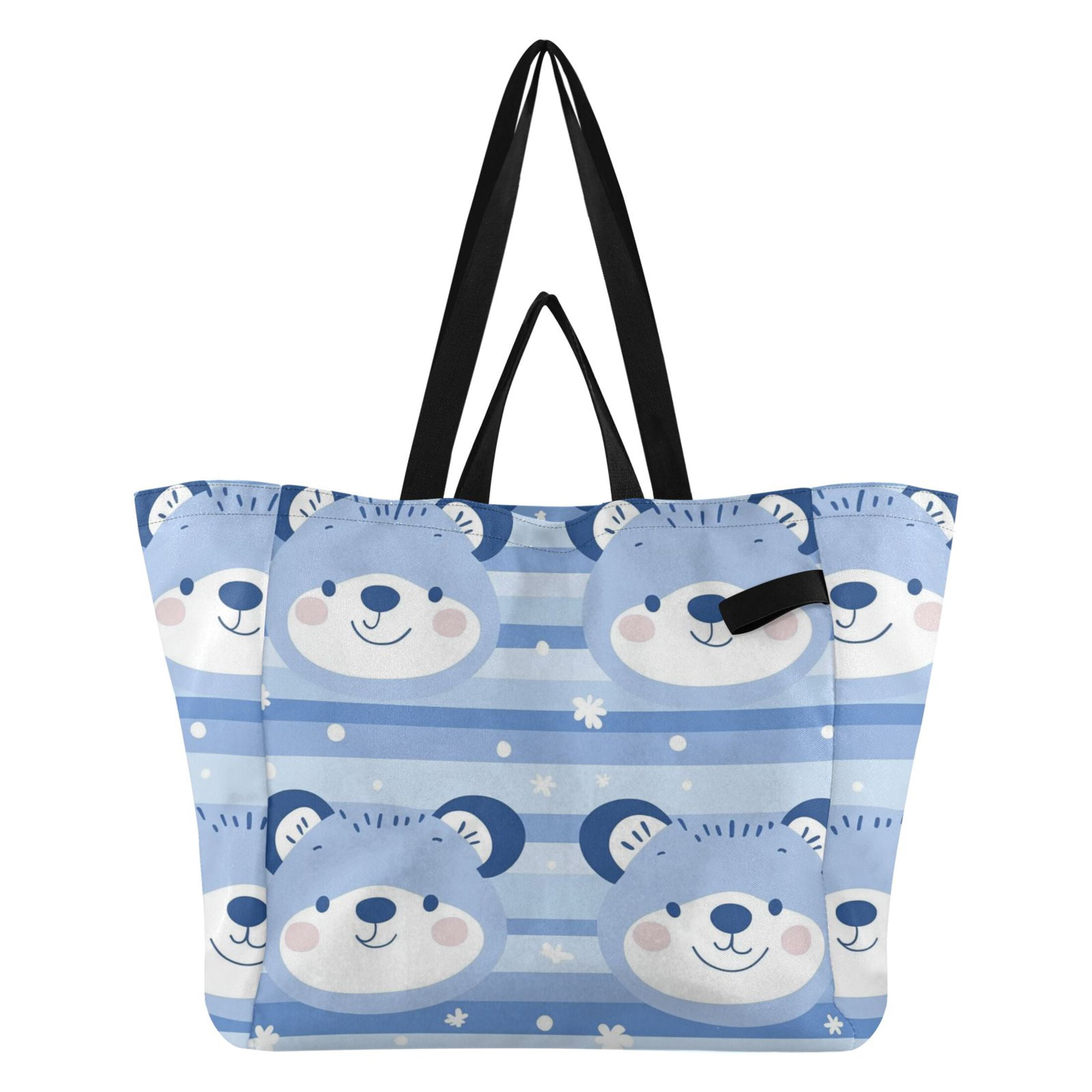 Blue Stripes Cute Bear Faces Dot Flowers Foldable Canvas Tote Bags ...