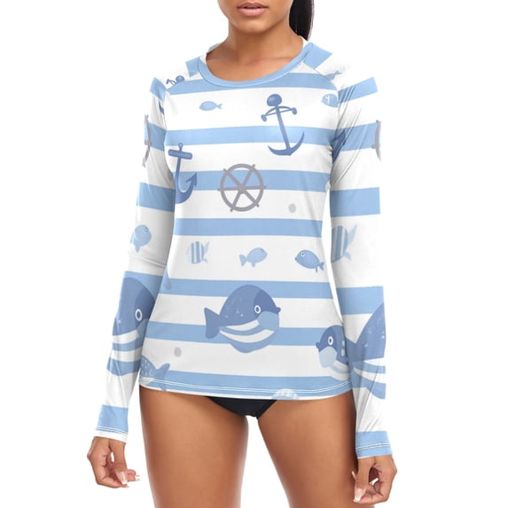 Blue Stripes Fishes Kellges Cute Women's Rash Guard Shirts UPF 50+ Sun ...