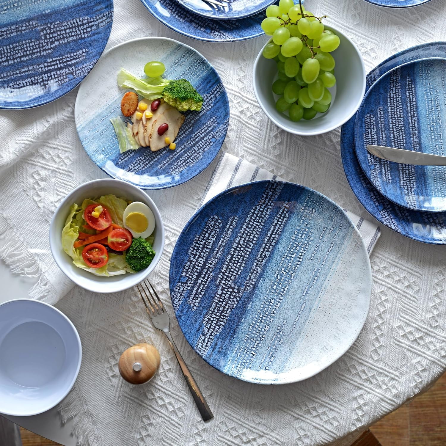 Blue Stripes Gradient 12 Pieces Melamine Dinnerware Set, Outdoor ...