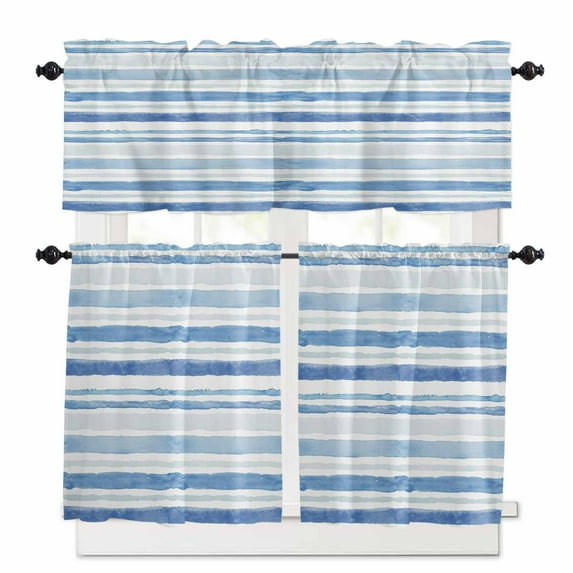 Blue Stripes Kitchen Curtains Valance and Tier Set Abstract Watercolor ...