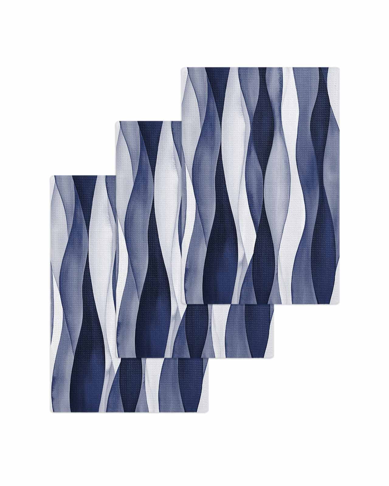 Blue Stripes Kitchen Dish Towels for Drying Dishes Set of 3, Retro Abstract Chic Geometric Lines ...