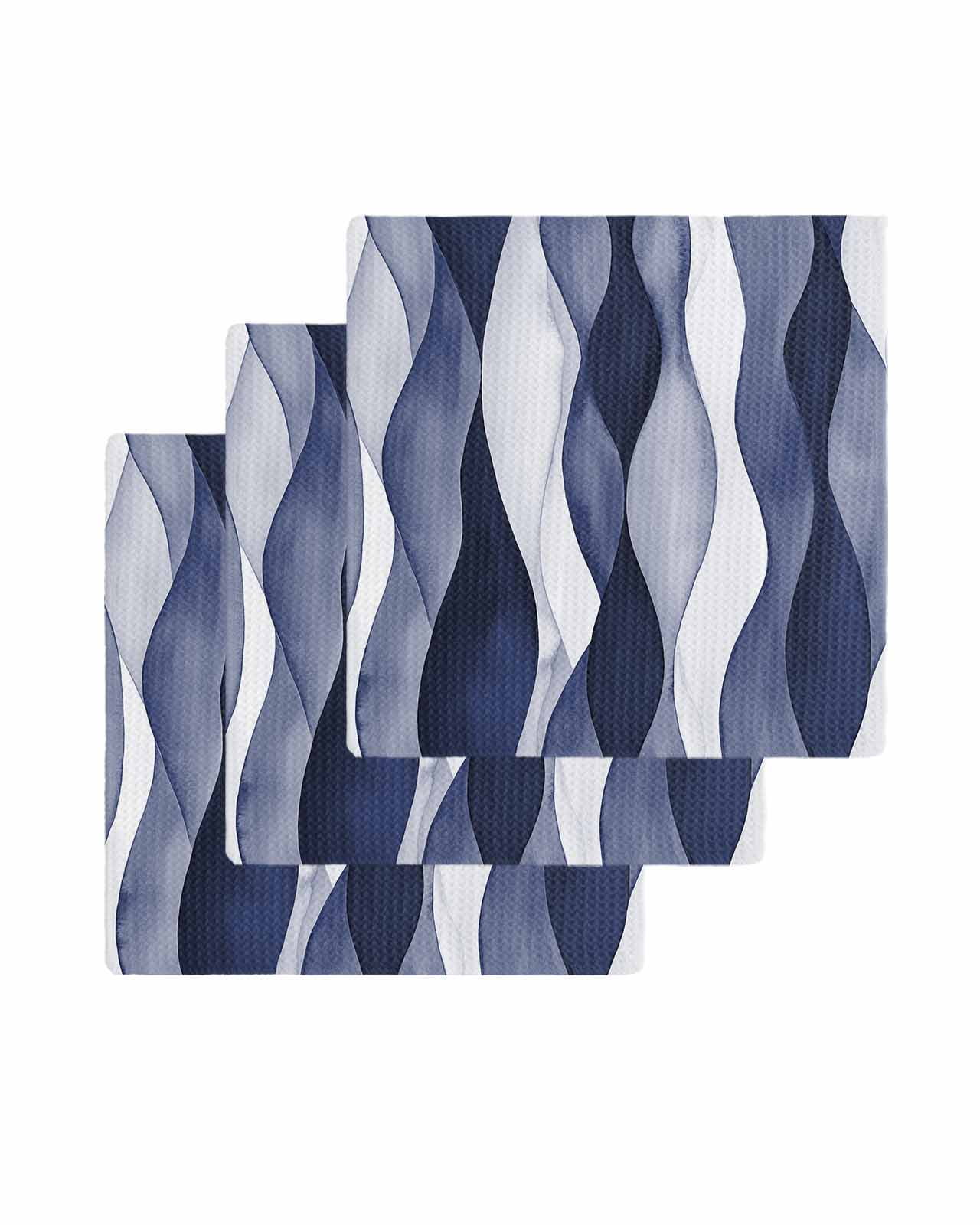 Blue Stripes Kitchen Dish Towels for Drying Dishes Set of 3, Retro Abstract Chic Geometric Lines ...